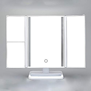 KXA Tri-Fold Vanity Mirror, 24 LED Lighted with Touch Screen 1X/2X/3X Magnification and USB Charging Adjustable Brightness and Stand for Makeup