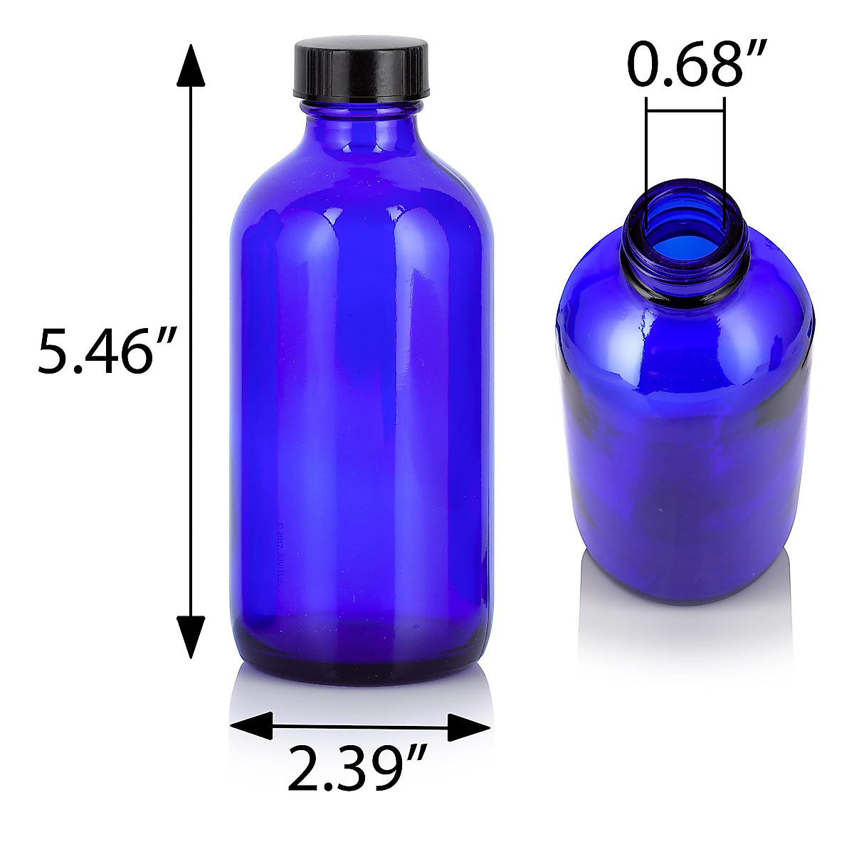 JUVITUS 8 oz Cobalt Blue Glass Boston Round Bottle with Black Phenolic Cone Lined Caps (4 Pack)