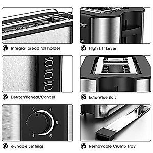 Long Slot Toaster, 2 Slice Toaster Best Rated Prime with Warming Rack, 1.7'' Extra Wide Slots Stainless Steel Toasters, 6 Bread Shade Settings, Defrost/Reheat/Cancel, Removable Crumb Tray, 1000W