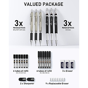 Nicpro 6PCS Art Mechanical Pencils Set, 3 PCS Metal Drafting Pencil 0.5 mm & 0.7 mm & 0.9 mm & 3 PCS 2mm Graphite Lead Holder (2B HB 2H) For Writing, Sketching Drawing With 12 Tube Lead Refills Case