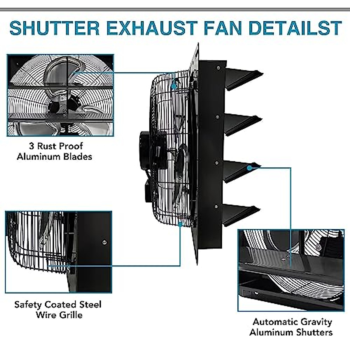 VENTISOL 18 Inch Shutter Exhaust Fan Wall Mounted, Aluminum with 1.65 Meters Power Cord Kit,High Speed 2500CFM, Ventilation Fan for Garage,Greenhouse,Attic,Shed,Shop,Black