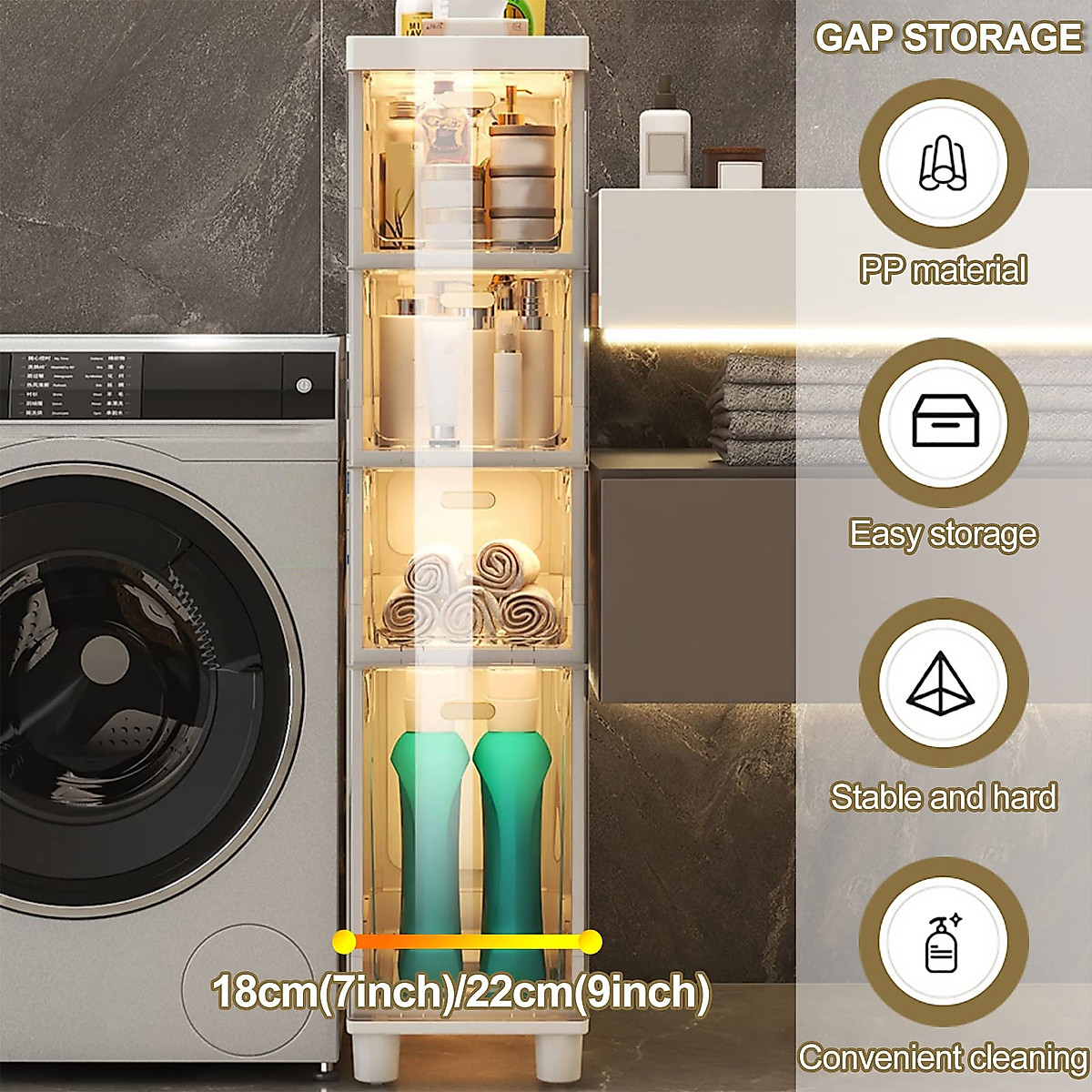 JUNGEDUI Slim Bathroom Cabinet Storage, Large Capacity Slim Storage Cabinet with Clear Plastic Drawers Casters Narrow Tall Slim Floor Cabinet for Small Spaces,7''W and 9''W