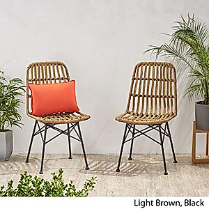 Great Deal Furniture Yilia Outdoor Wicker Dining Chair (Set of 2), Light Brown and Black