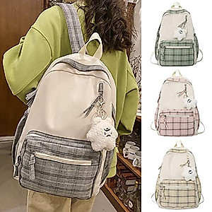 Lovemore Kawaii Backpack Aesthetic Backpacks with Plush Back to School Supplies, College Backpack Travel Daypack Bookbags for Teens (Green)