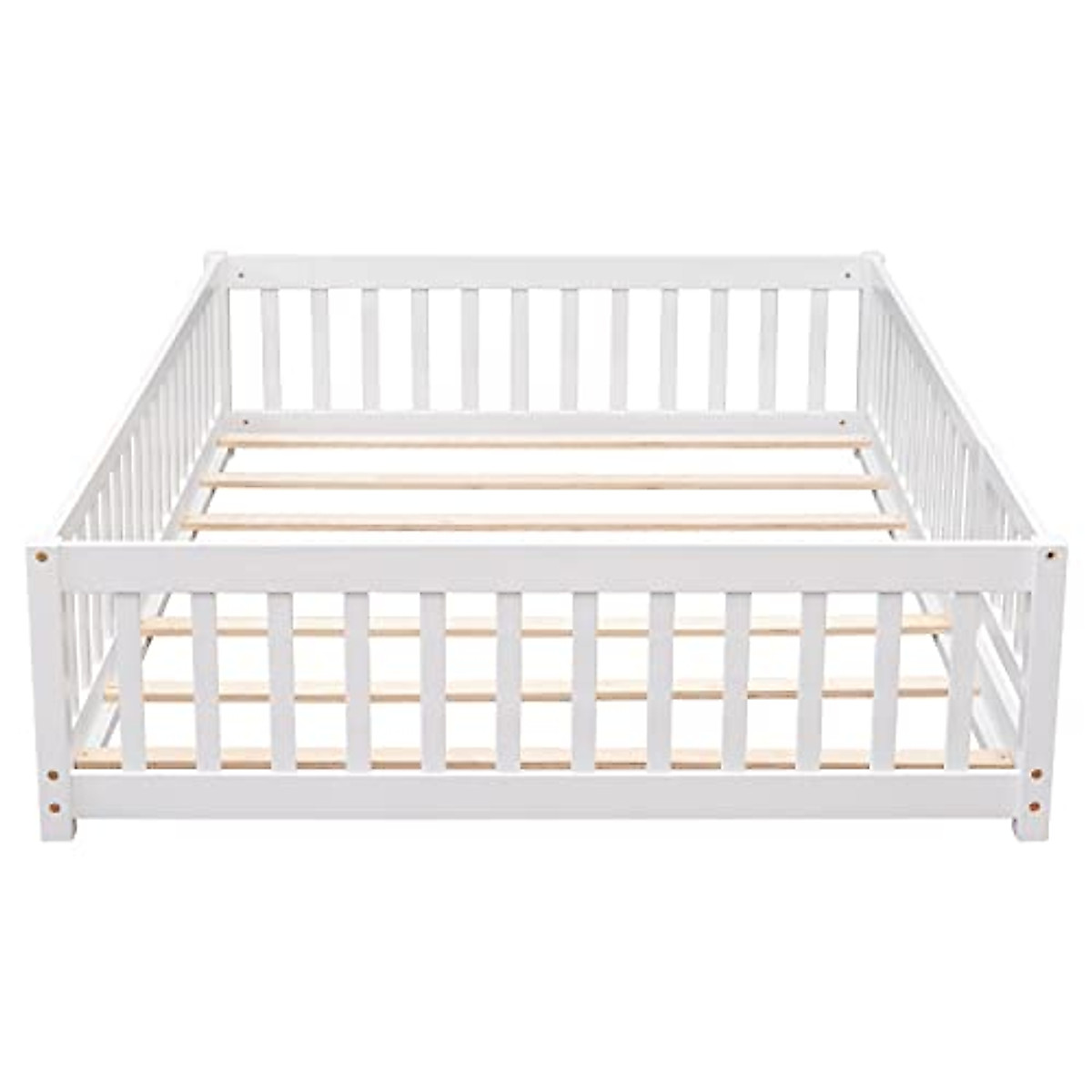 Full Floor Bed for Kids, Montessori Bed Frame with Fence-Shaped Guardrails, Support Slats and Door, Wood Floor Full Bed for Kids,Toddler,Boys Girls, No Box Spring Needed(White, Full Bed Frame)