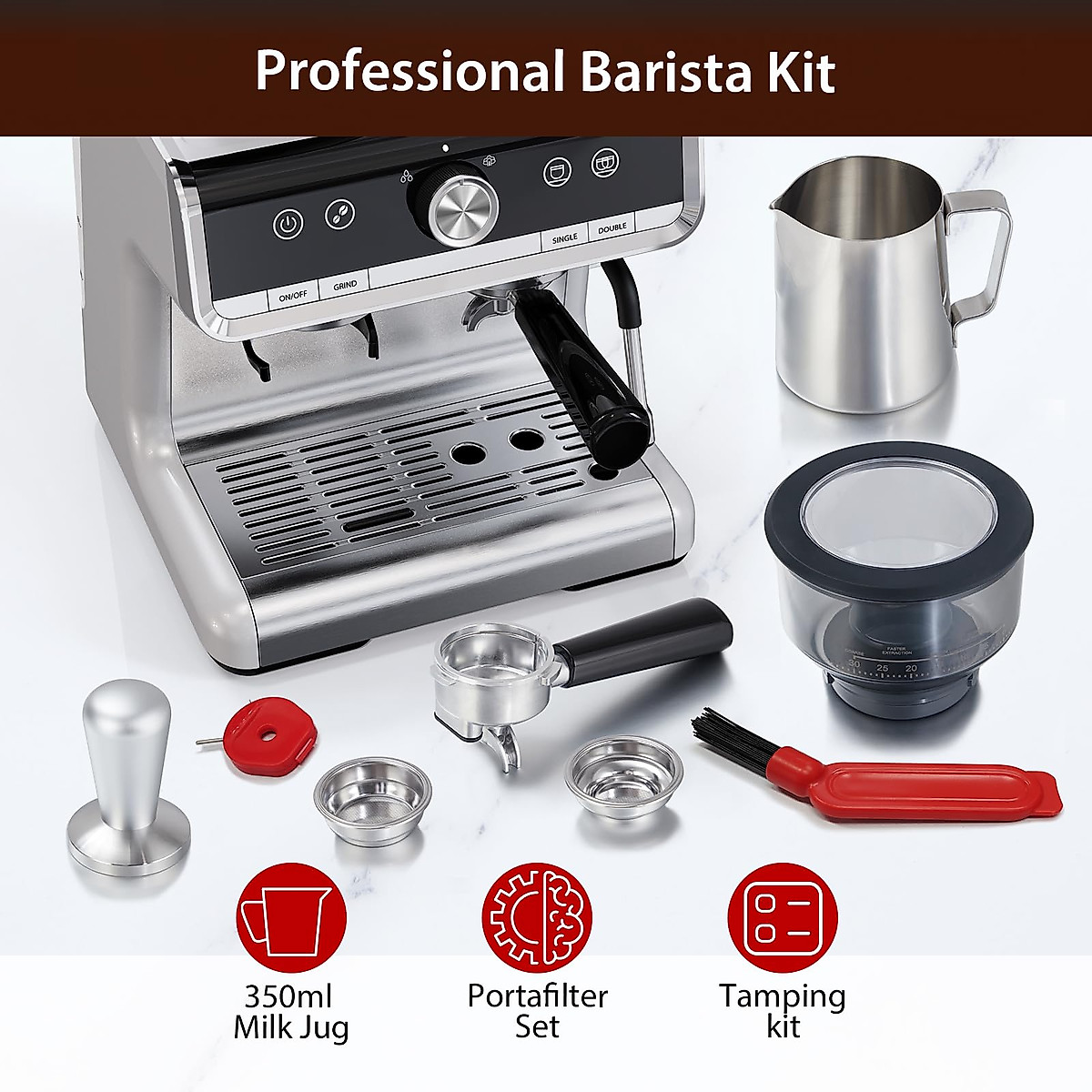 Takywep Espresso Machine with Grinder, 20 Bar Semi Automatic Espresso Machine with Milk Frother Steam Wand, Professional Barista Espresso Maker with 2.8L Water Tank, Perfect for Home, Office & Cafe