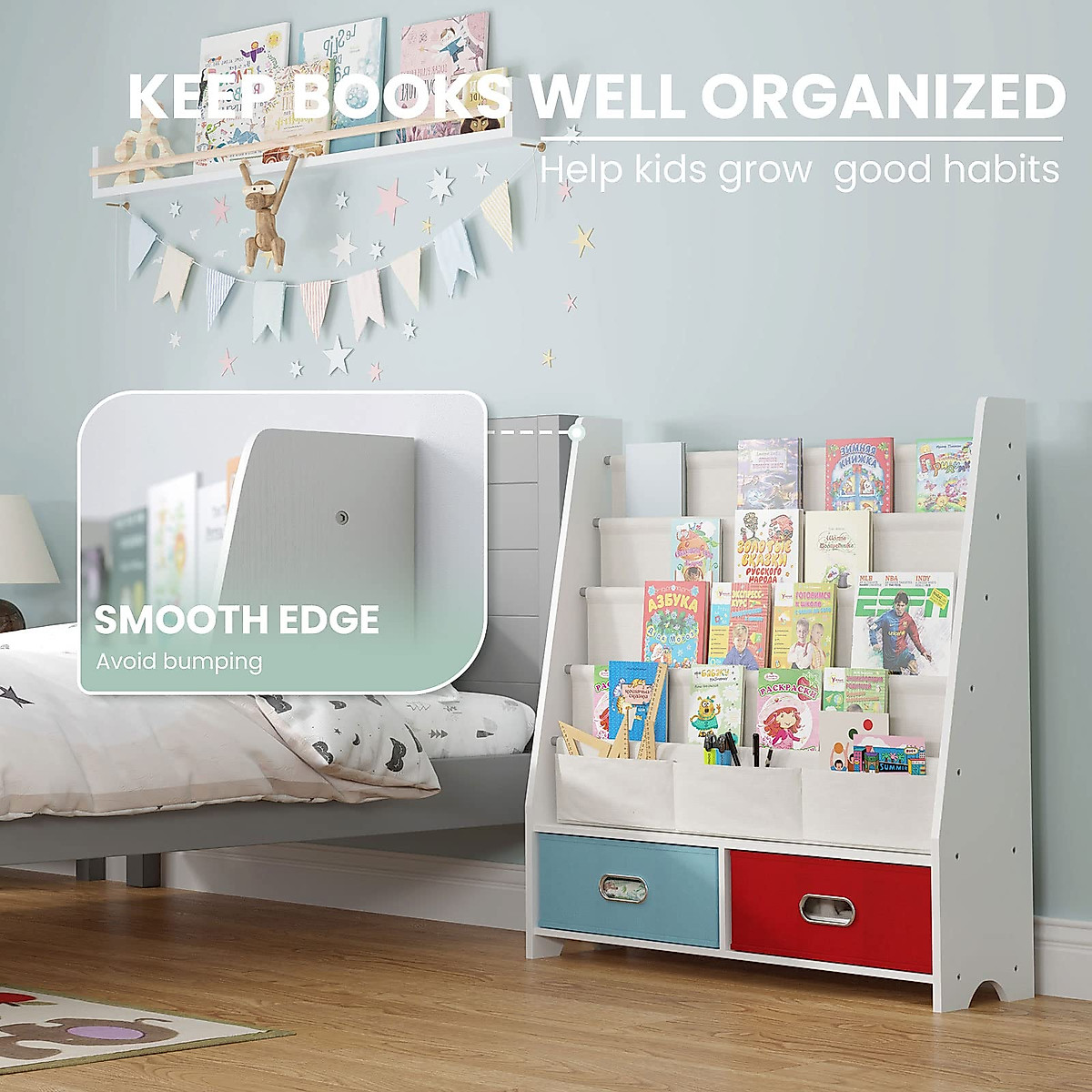 SEIRIONE Sturdy Kids Bookshelf, Children Display Rack, 4 Sling and 2 Storage Boxes for Toys Organizer, White/Wood Texture