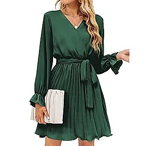 Ondogdog Women's Wrap V-Neck Dress Wedding Guest Casual Pleated Long Sleeve Mini Dress Green