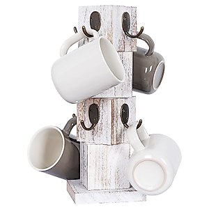 bluegift Coffee Mug Holder Tree, Rustic Solid Wood Mug Tree Stand with 8 Hooks, Farmhouse Coffee Cup Holder for Counter, Mug Hanger for Kitchen Organizer, Farmhouse White