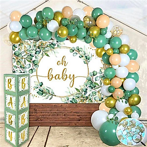 243 Pc Sage Green Baby Shower Decorations For Boy Or Girl, Rustic Gender Neutral Sage Green & White Balloon Garland Kit, Greenery BABY Boxes, Eucalyptus Oh Baby Backdrop Banner, Olive Decor, Confetti