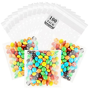 Artby7 4x4 Inch Halloween Candy Treat Bags White Polka Dot Self Sealing Packaging Cellophane Bags, Small Pastry Bags for Birthday Wedding Graduation Party Gift Giving