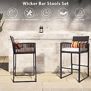 Sundale Outdoor Wicker Bar Stools, Patio Counter Height Brown Rattan Rope Stools with Back Rest, High Chair with Pillow & Beige Cushion, All-Weather Armless Tall Pub Barstool