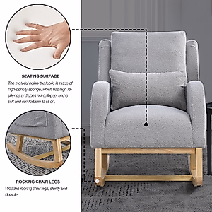 Rocking Chair Nursery with Pillow, Nursery Rocking Chairs in Teddy Fabric with Wingback & Armrest, Built-in 2 Side Pockets, Comfy Nursery Glider Nursing Chair Armchair for Living Room, Bedroom, Grey