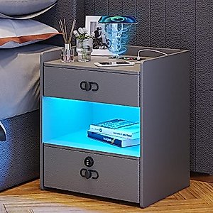 HNEBC RGB LED Nightstand with Auto Sensor, Smart Bedside Tables with Wireless/USB/Type-C 3 Charging Types, Night Stand has 24 Color RGB Light, End Table and Side Cabinet with 2 Drawers (Grey)