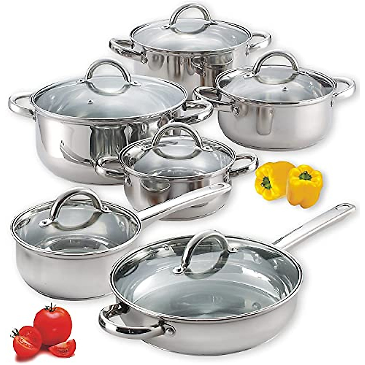 Cook N Home Kitchen Cookware Sets, 12-Piece Basic Stainless Steel Pots and Pans, Silver
