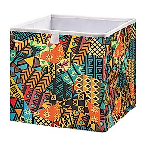 Emelivor Colored African Patchwork Cube Storage Bin Fabric Storage Cubes Foldable Organizer Bins Storage Baskets for Shelves Storage Box for Shelves Office Clothes Clothing Home Book,11 x 11inch