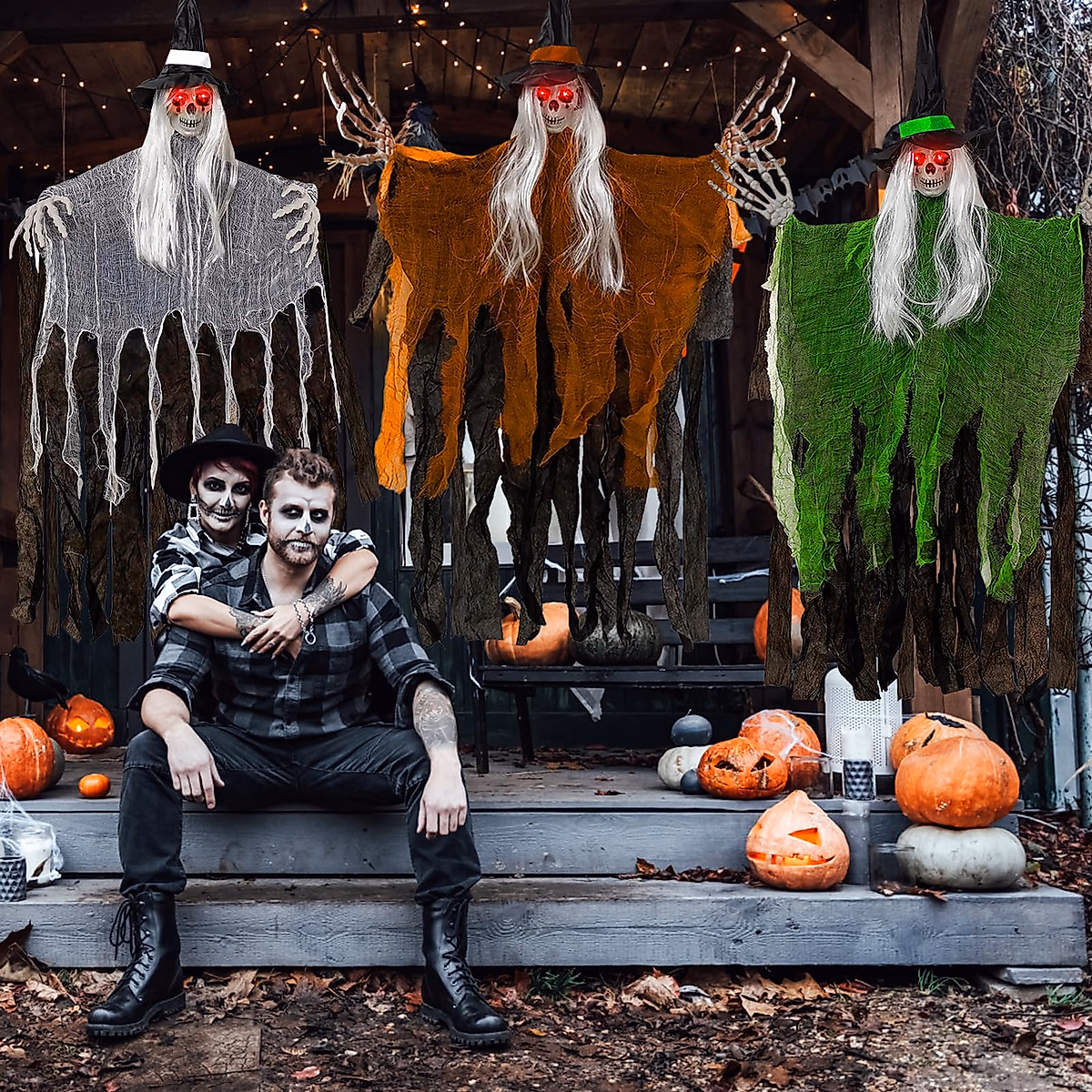 Halloween Hanging Decorations Outdoor - 3 Pack 41" Halloween Hanging Ghost Skeleton with Wizard Hat with Glowing Eyes for Halloween Porch Yard Garden Tree Outside Decorations
