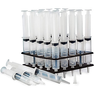 EZ-Inject 25 Pack (1oz) Jello Shot Syringes Combo with Tray/Racking Stand - 100% Safe & Reusable Plastic Syringes for Jello Shots - Small Syringe Shots Holiday and Halloween Party Supplies for Adults