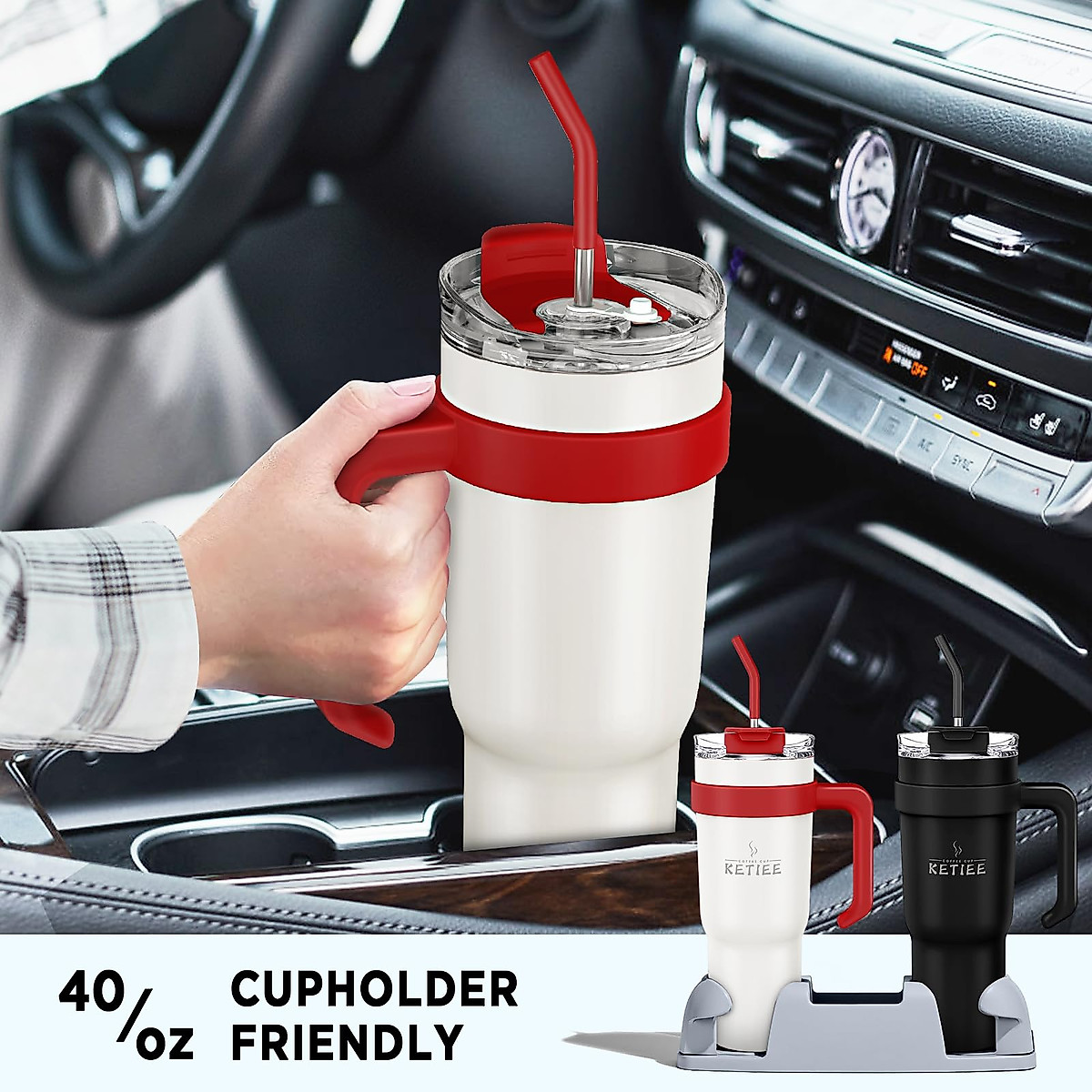 KETIEE 40 oz Tumbler with Handle and Straw, Leakproof Stainless Steel Travel Mug with Screwed Lid & Straw Vacuum Insulated Water Bottle Reusable Coffee Cups, Sweat Proof, Dishwasher Safe (White)