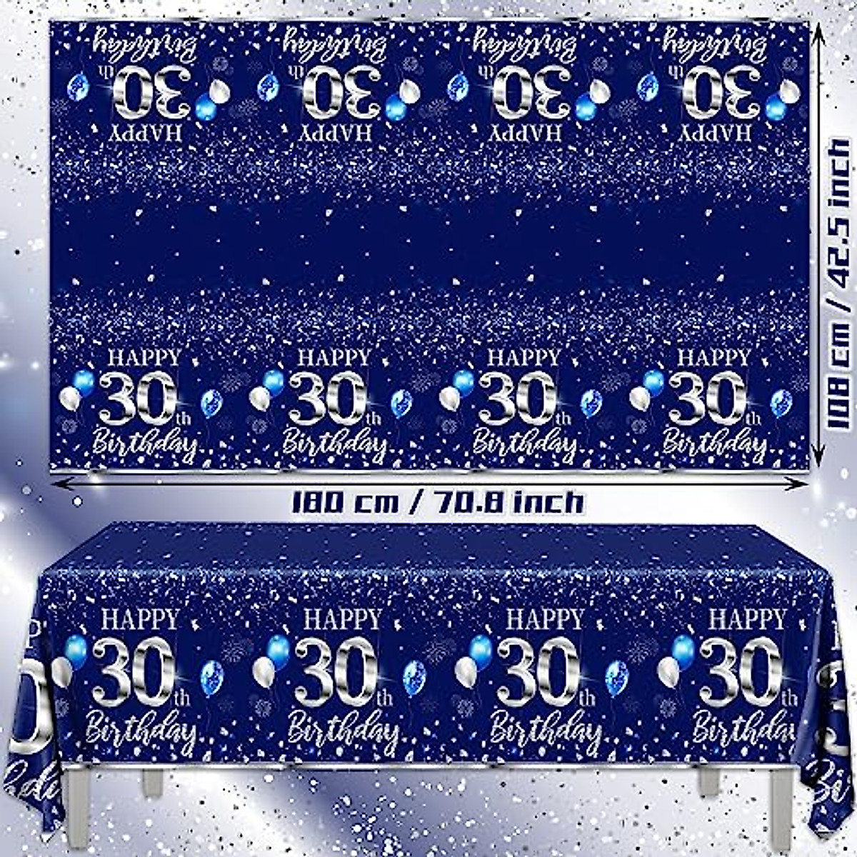 GREHUMOR 3pcs 30th Birthday Tablecloth Silver Blue Happy Birthday Decorations for Men 30 Years Old Birthday Party Supplies Disposable Plastic Waterproof Table Cover 30 Birthday Table Decorations