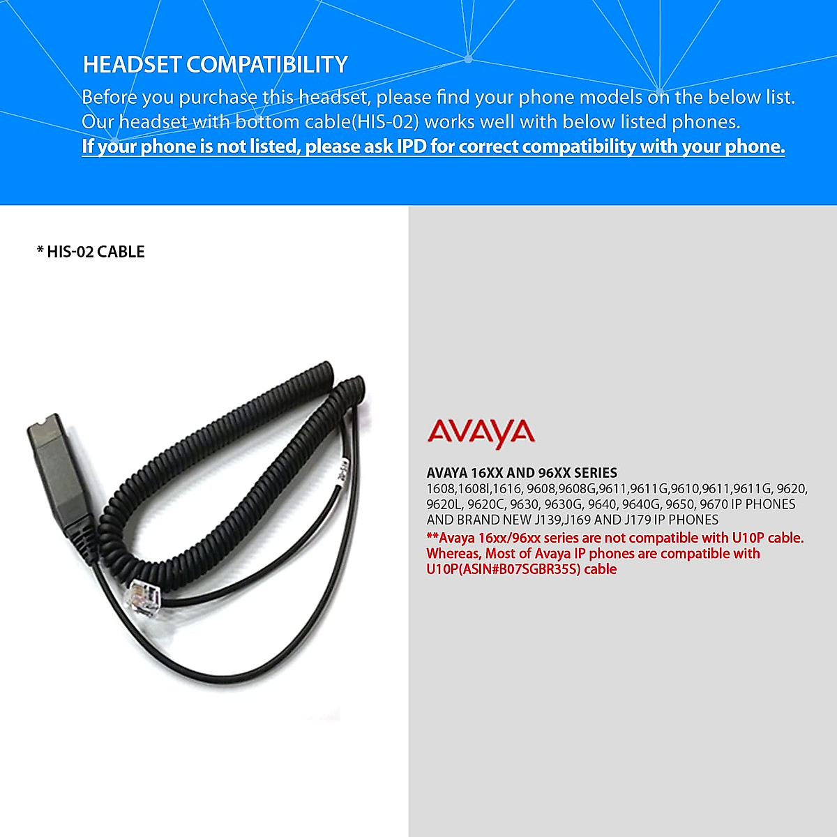 IPD IPH-160 Phone Headset with Noise Cancelling Microphone for Office and Call Center-Compatible with Avaya 1608 1616 9601 9608 9611 9611G 9620 9621 9630 9631 9640 9641 9650 9670 J139 J159 J169 J179