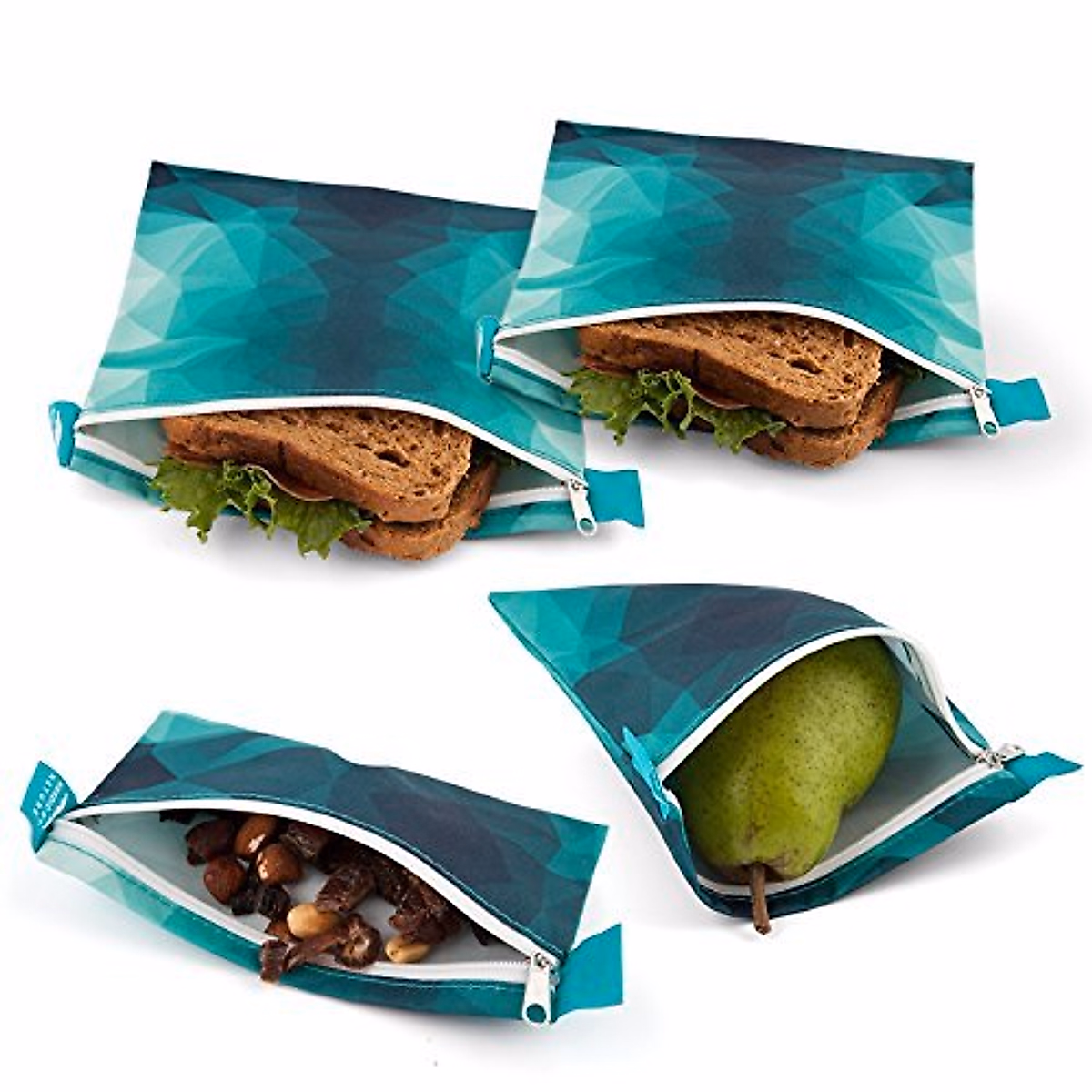 Nordic By Nature 4 Pack - Reusable Sandwich Bags Dishwasher Safe BPA Free - Durable Washable Quick Dry Cloth Baggies -Reusable Snack Bags School Lunches - Easy Open Zipper - (Turquoise)