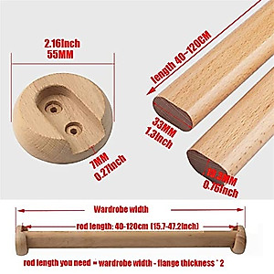 1pcs Wooden Oval Wardrobe Closet Rod for Hanging Clothes Premium Closet Pole Wardrobe Cross- bar Clothes Hanging Rods Polished Natural Beech Wardrobe Closet Rod with End Supports for Closet Storage