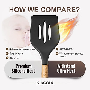 23 PCS Kitchen Utensils Set, Kikcoin Wood Handle Silicone Cooking Utensils Set with Holder, Spatulas Silicone Heat Resistant Cooking Gadgets for Nonstick Cookware, Black