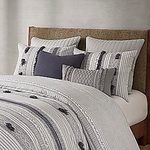 INK+IVY Cody Cotton Duvet Set - Geometric Modern Design with Fringe Tassel Trim and Pom Accent, All Season, Breathable Cover for Comforter Bedding, Shams, King/Cal King(104"x92") Gray/Navy 3 Piece