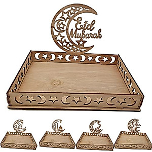 Likense Ramadan Wood Tray, Artistic Eid Mubarak Party Serving Display Decoration, Large Capacity Food Serving Tableware Tray Tabletop Decor for Table, Dessert Tray, Ramadan Serving Plate