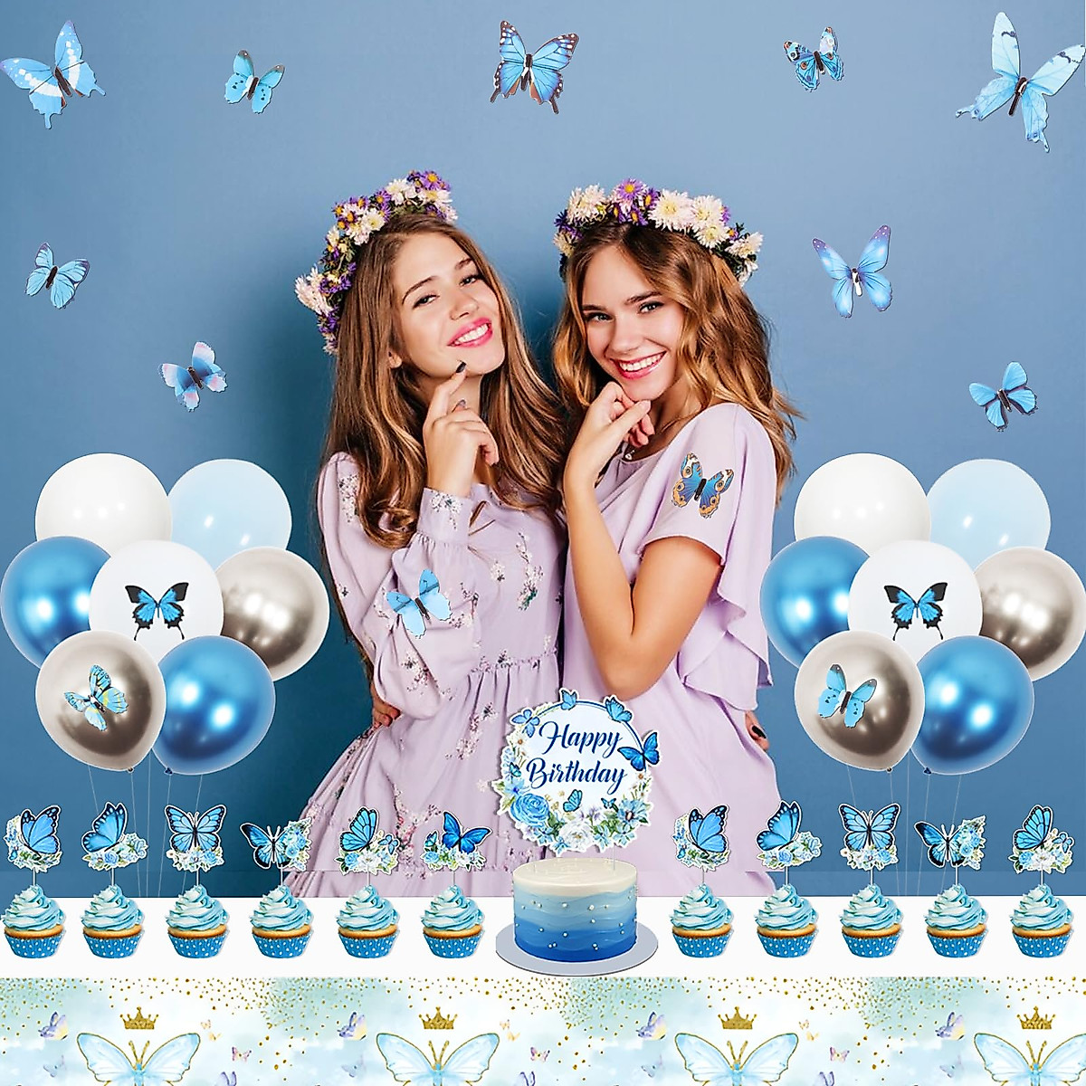 Balterever Blue Butterfly Birthday Party Decorations for Girl Butterfly Happy Birthday Backdrop Balloon Arch Kit Tablecloth Wall Stickers Cake Cupcake Toppers for Girl Butterfly Theme Birthday Party