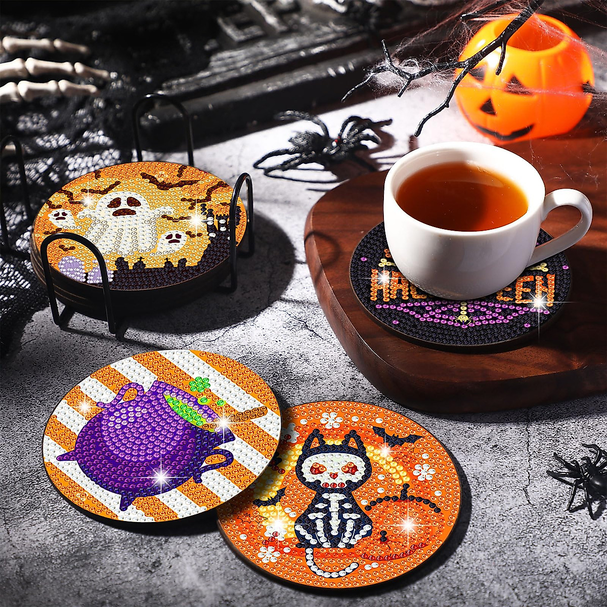 Suttmin 8 Pcs Halloween Diamond Painting Coasters Kits DIY Diamond Kits with Holder Gnome Pumpkin Ghost Coasters for Adult Kids Christmas for Craft Beginner Party Gift