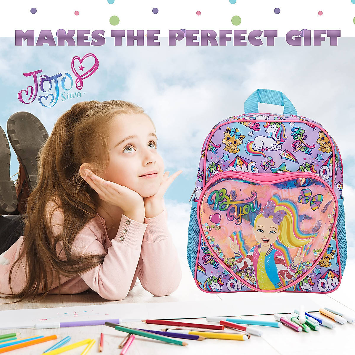 AI ACCESSORY INNOVATIONS Jojo Siwa Mini Backpack PURSE for Girls, Confetti Heart Shaped Pocket, Unicorn Print, 12” Bookbag w/Adjustable Straps