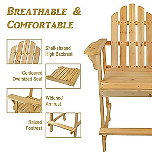 Westcharm Balcony Tall/Counter High Adirondack Chair with Footrest for Outdoor Outside Garden - Unfinished Natural Wood