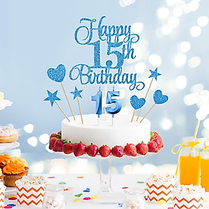 Lecferrarc 15th Birthday Cake Decorations, 15th Birthday Candles Cake Numeral Candles and Glitter Happy 15th Birthday Cake Toppers Set for Birthday Party Supplies (Blue)
