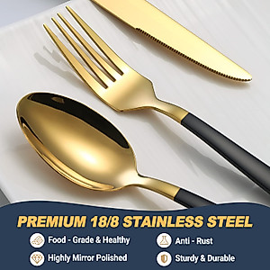 20 Pieces Silverware Set, Stainless Steel Flatware Set Includes Spoons Forks Knives, Cutlery Utensils Set Service for 4, Gold Mirror Polished and Matte Black Painted, Dishwasher Safe