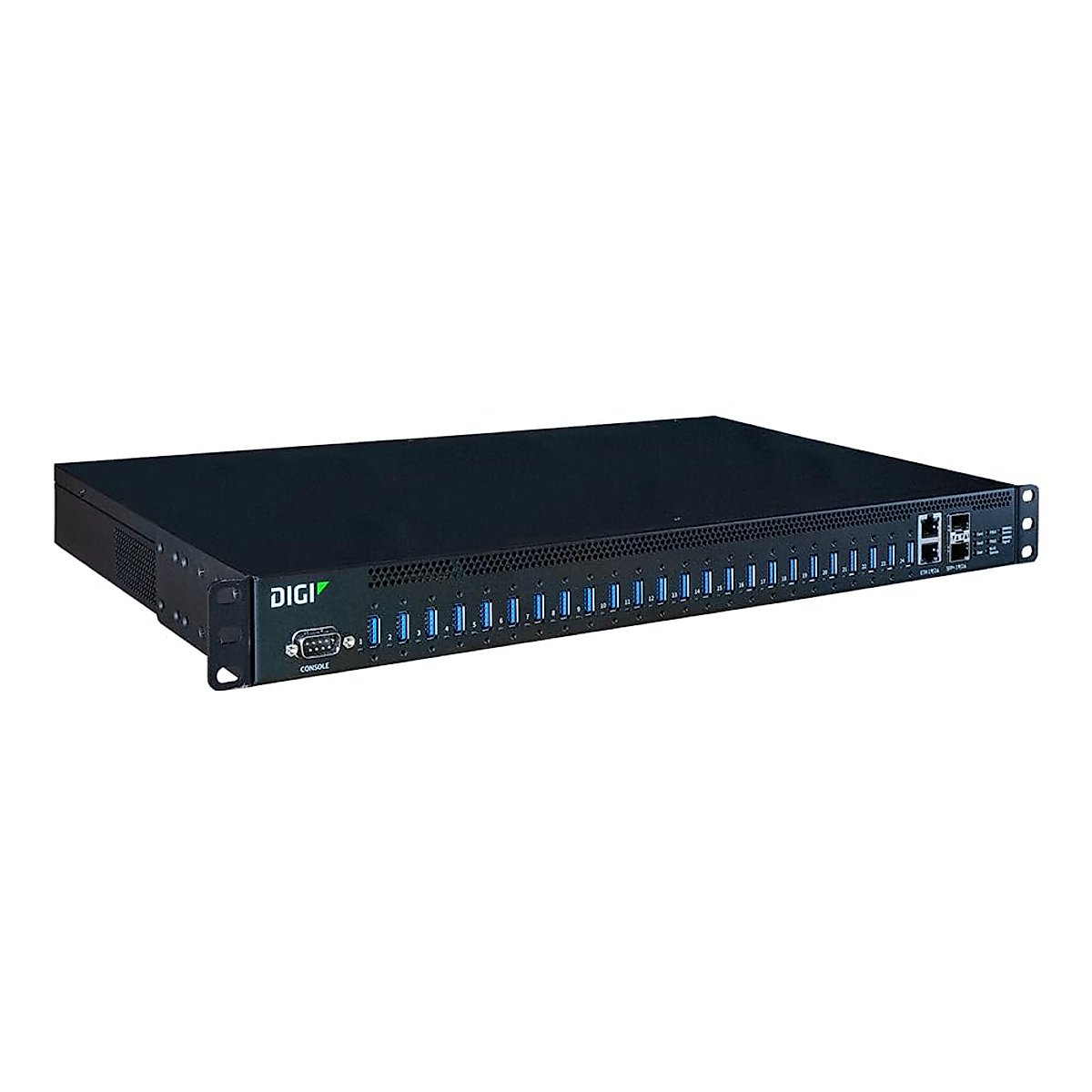 AnywhereUSB 24 Plus — 24-Port USB Over IP Remote USB 3.1 hub with Dual 10 M/100 M/1 G/10 G Ethernet, Dual SFP+ modules Support, Dual 100-240 VAC Power and Optional Cellular Digi CORE Module