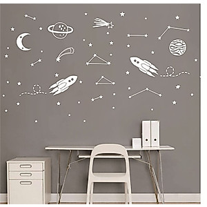UILMNIY The Outer Sapce Spaceship Rocket Wall Decor Sticker for Kids Room Art Constellation Stars Moon Space Wall Decal for Nursery Room Bedroom Decor Mural AFN127 (White)