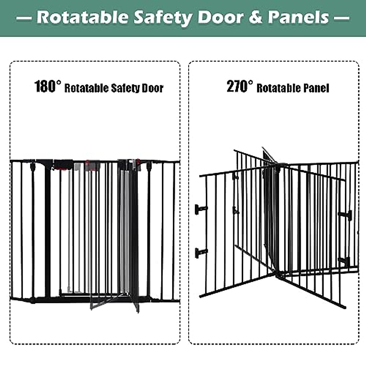 Costzon Baby Safety Gate, 121 Inch Length 5 Panel Adjustable Wide Fireplace Fence, BBQ Metal Fire Screen Gate, Pet Isolation Fence with Walk-Through Door, Freestanding Pets Gate (Black, 5-Panel)