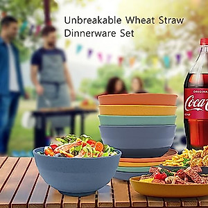 Yemyep Wheat straw Dinnerware sets, Unbreakable Lightweight Bowls and Plates, Reusable, Microwave&Dishwasher Safe, BPA Free, Plastic Salad Bowls and Plates for Kitchen, Soup, Camping (Multi)