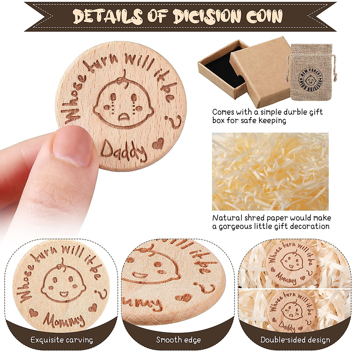 New Parents Gift First Parent Wooden Decision Coin Double Sided Flip Coin Mom Dad Turn Coin with Gift Box Storage Bag for New Mom Dad Pregnancy Baby Shower Birthday Present (Cute Style)