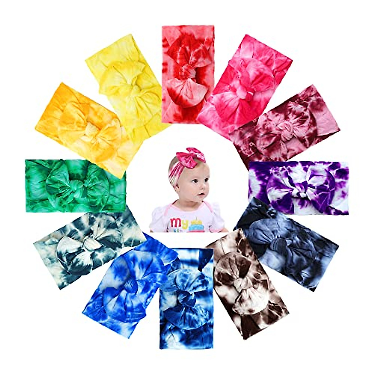 12 Nylon Bows Headbands with Soft Dye Bows for Newborn to 3 Months Baby Girls - Hair Accessories