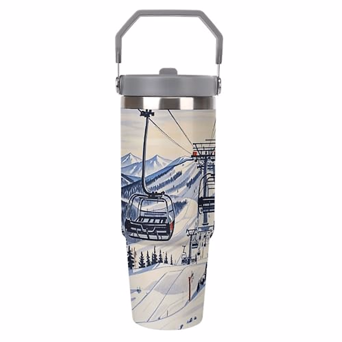 WITHSBKK 30oz Car Cup Mount Horsney Ski Lift Printed with Portable, Stainless Steel Travel Mug, Vacuum Insulated Tumbler And Straw, Leakproof for Car & Outdoor, UV Printed Design