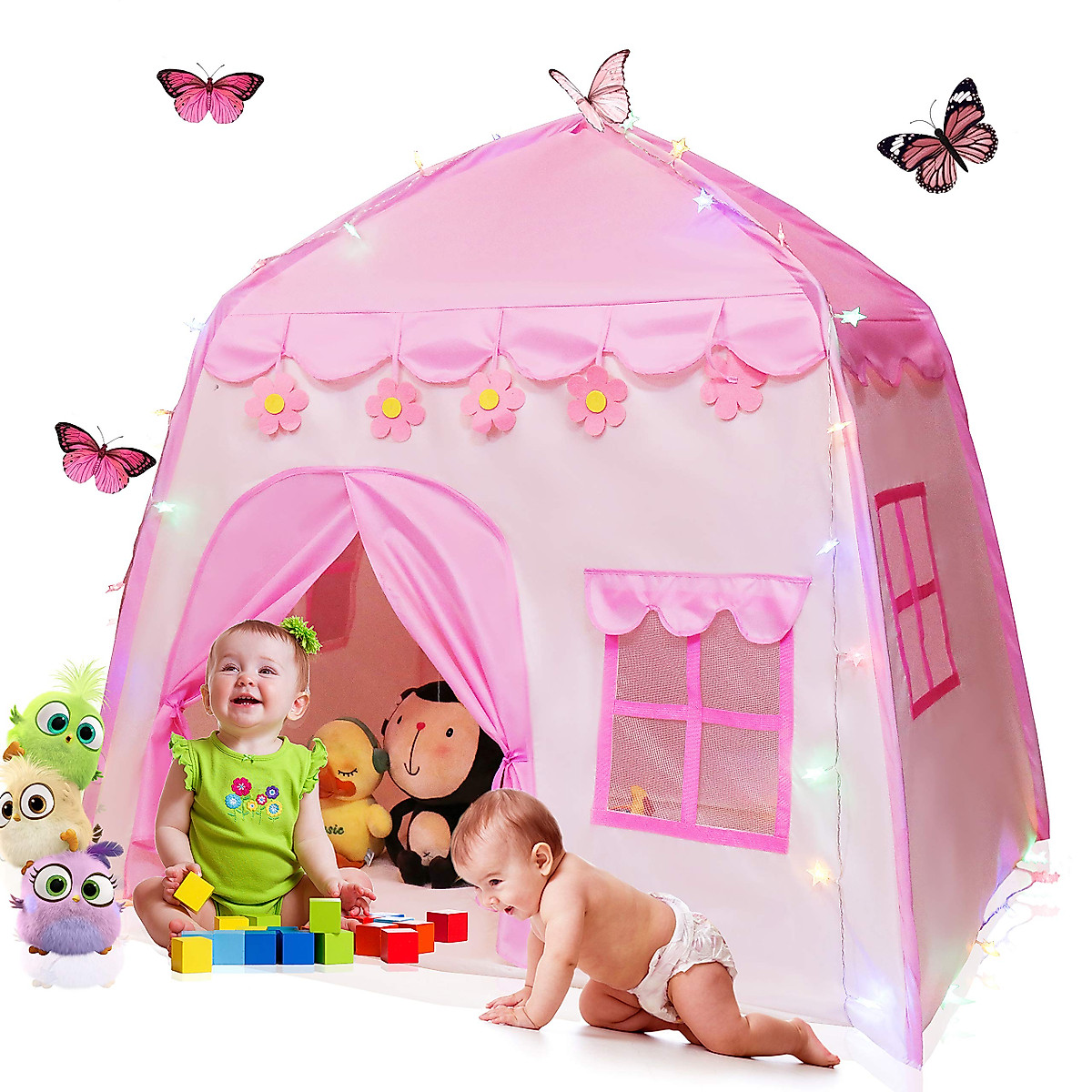 LimitlessFunN 210D Oxford Fabric Flower Kids Play Tent | Includes Star Lights & Carrying Case |, Children Indoor Castle Playhouse for Girls, Toddlers, 39" D x 51" W x 51" H