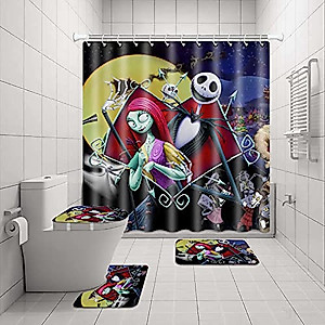 LAYINUSG 4Pcs Nightmare Before Christmas Shower Curtain Set with Non-Slip Rugs, Toilet Lid Cover and Bath Mat, Halloween Xmas Winter Holiday Bathroom Decor Sets with 12 Hooks 72 x 72 Inches