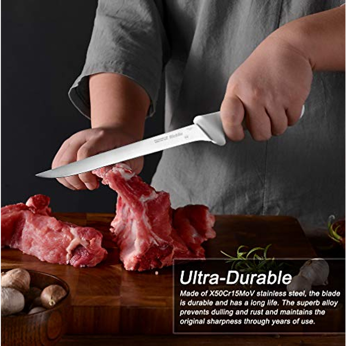 Richlin Boning Knife,8-Inch Chef's Knife with Razor Sharp High Carbon Stainless Steel for Meat and Poultry(8” Narrow Boning Knife,White)