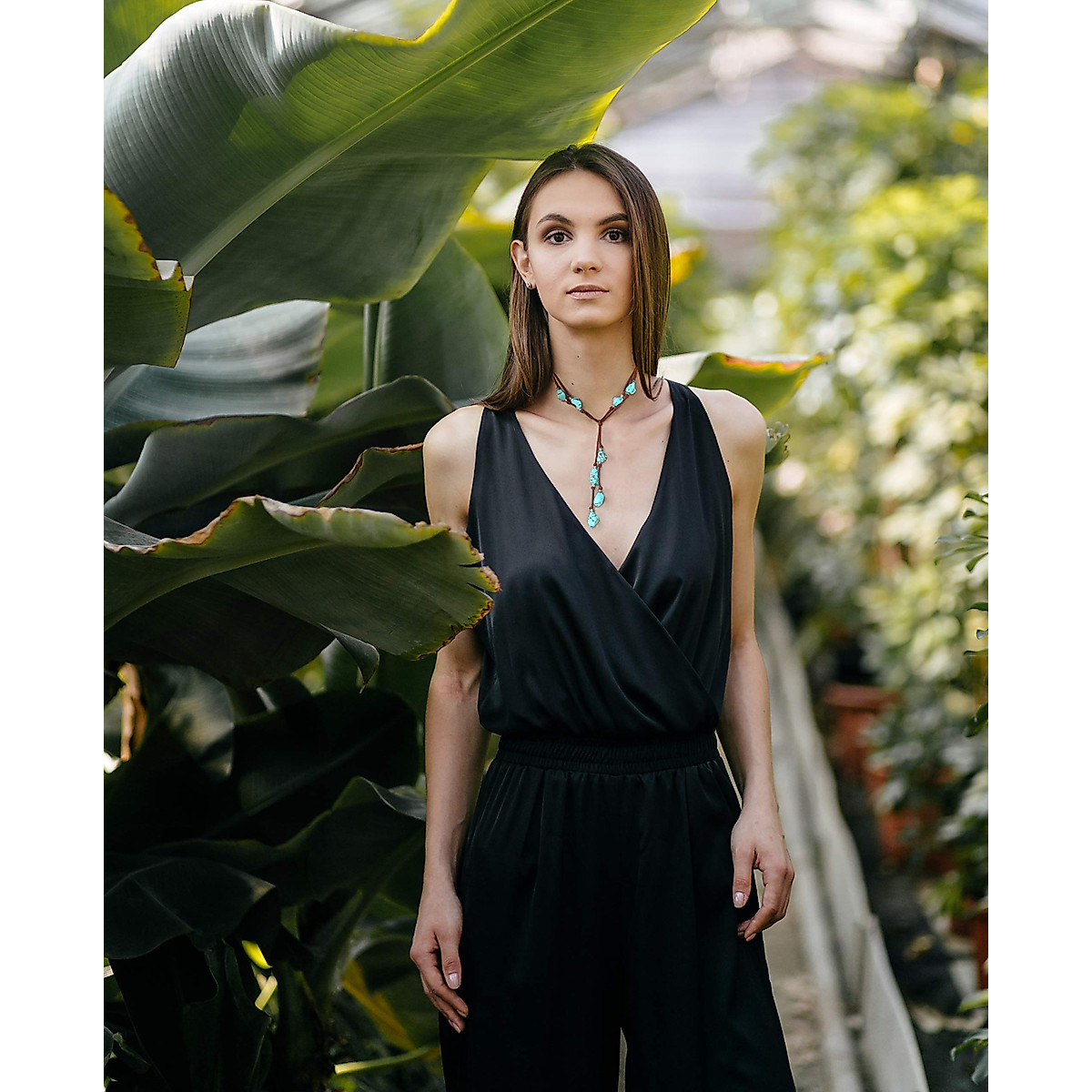 CANEVINKA Natural Turquoise Necklace with Genuine Brown Leather Cord Costume Jewelry for women