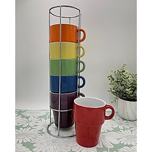 gypsy color The Original Brink House 12 OZ. Cappuccino Stacking Coffee Mug Set with Metal Stand, Multi-Colored Hand-Glazed Ceramic Stoneware