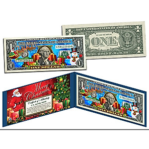 Merry Christmas Collectible Art One-Dollar Bill with Certificate Santa Snowman Jingle Buck
