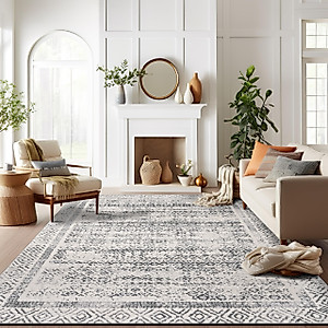 Rugshop Distressed Bohemian Border Stain Resistant Soft Area Rug 7' 10" x 10' Gray
